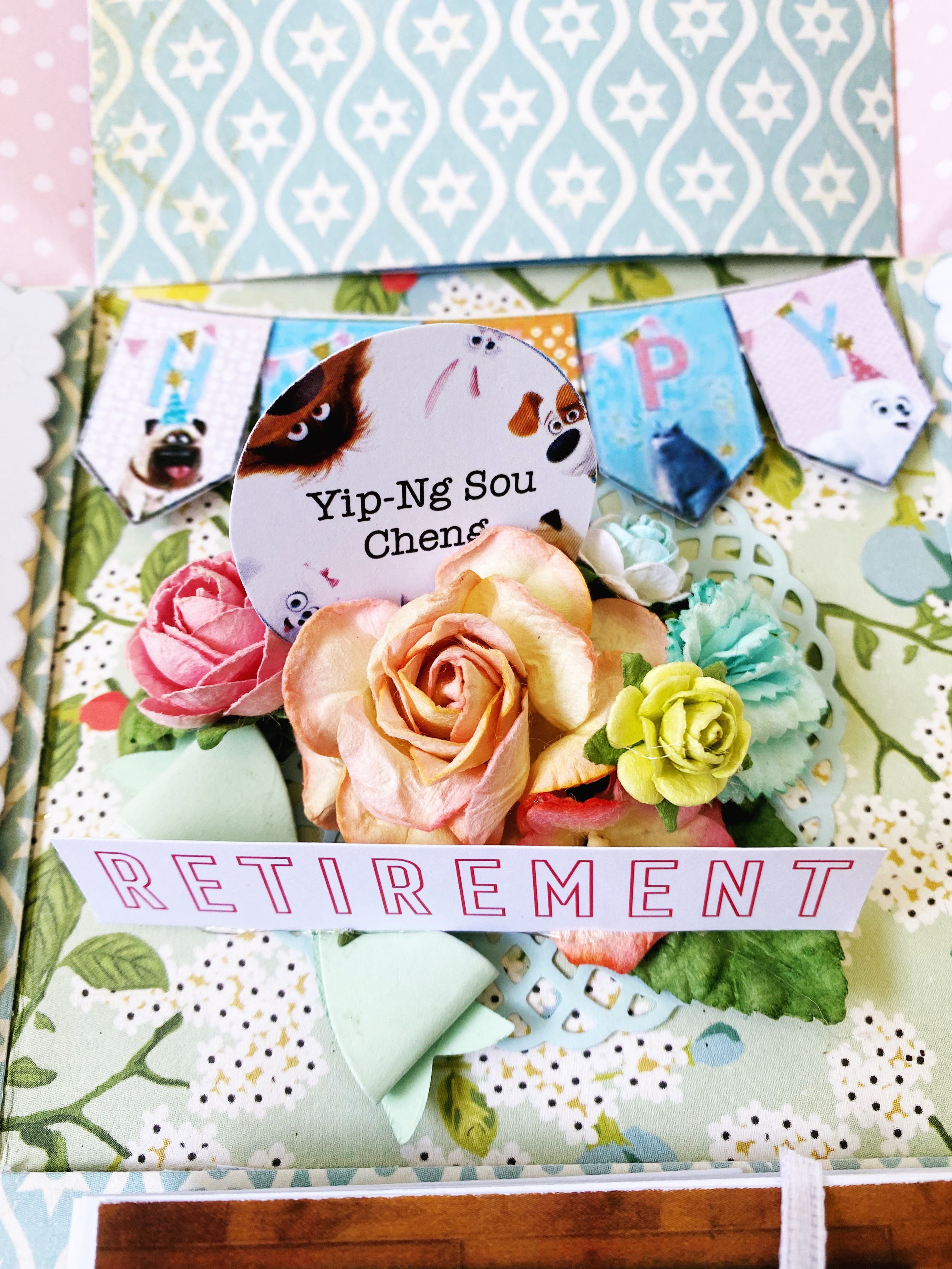 Happy Retirement floral pet animals surprise explosion box card, Design ...