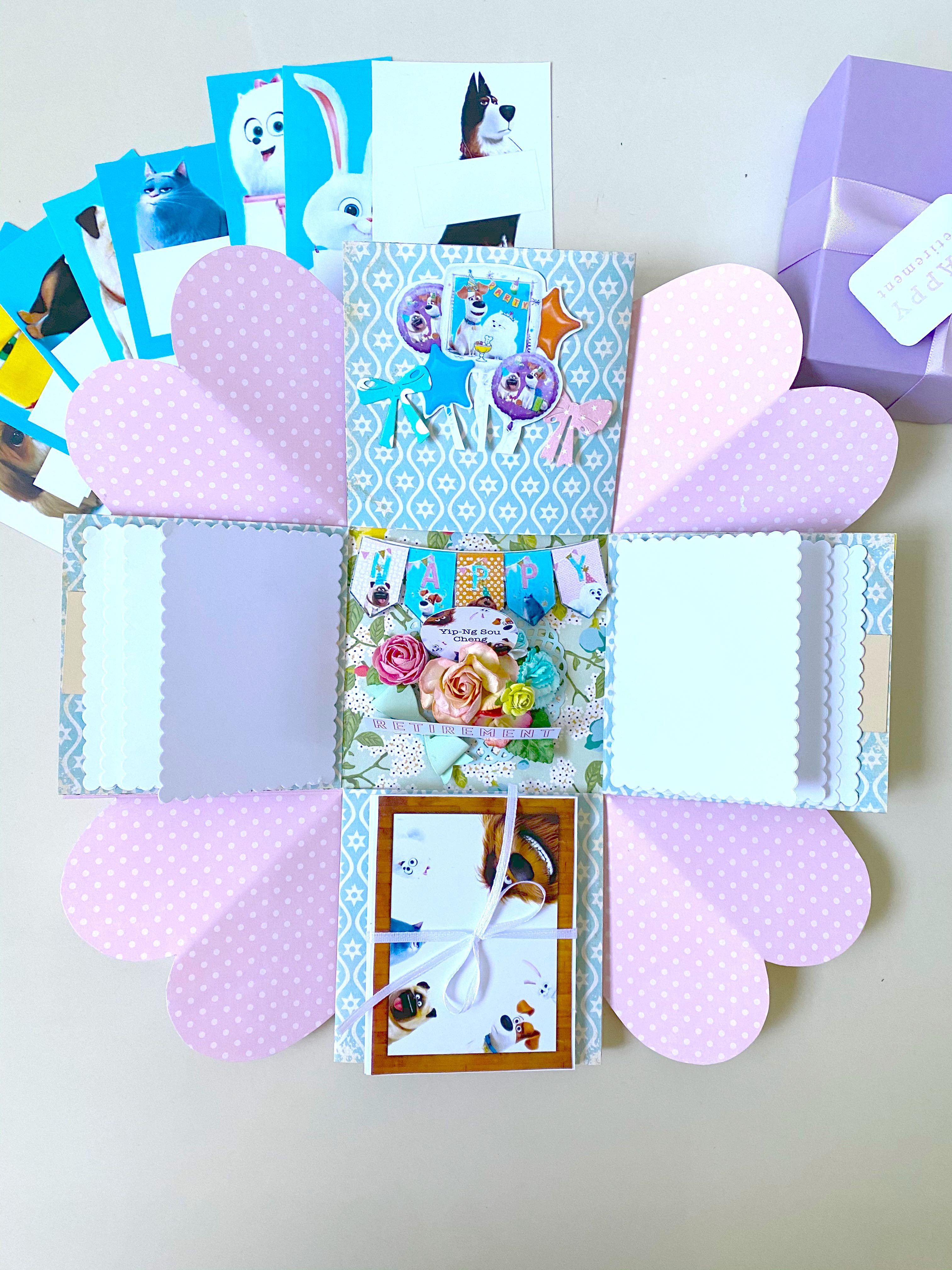Happy Retirement floral pet animals surprise explosion box card, Design ...
