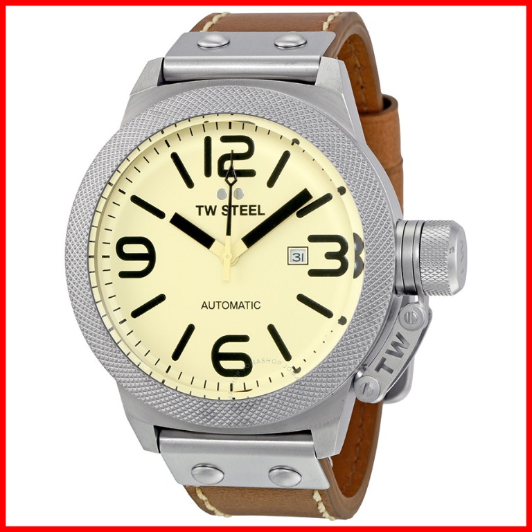 TW Steel Canteen 50MM Automatic Cream Dial Brown Leather Original Cash On Delivery, Men's ...