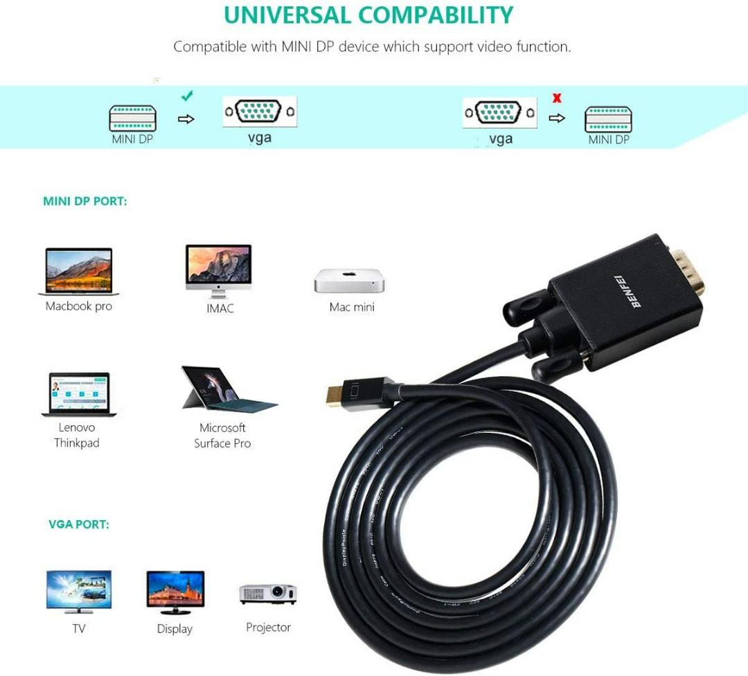 Mini DisplayPort to VGA Cable, Benfei Mini DisplayPort to VGA 6 Feet ...