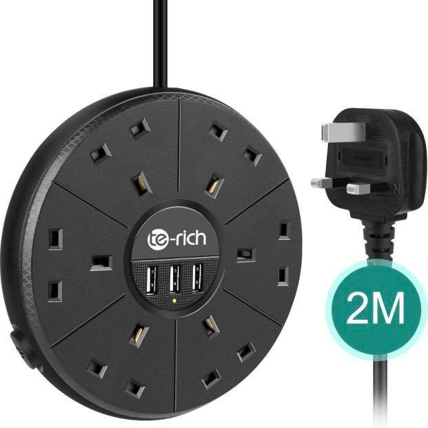 New Te-Rich 6 Socket, 3 USB Extension Cord Lead Surge Protection Power ...