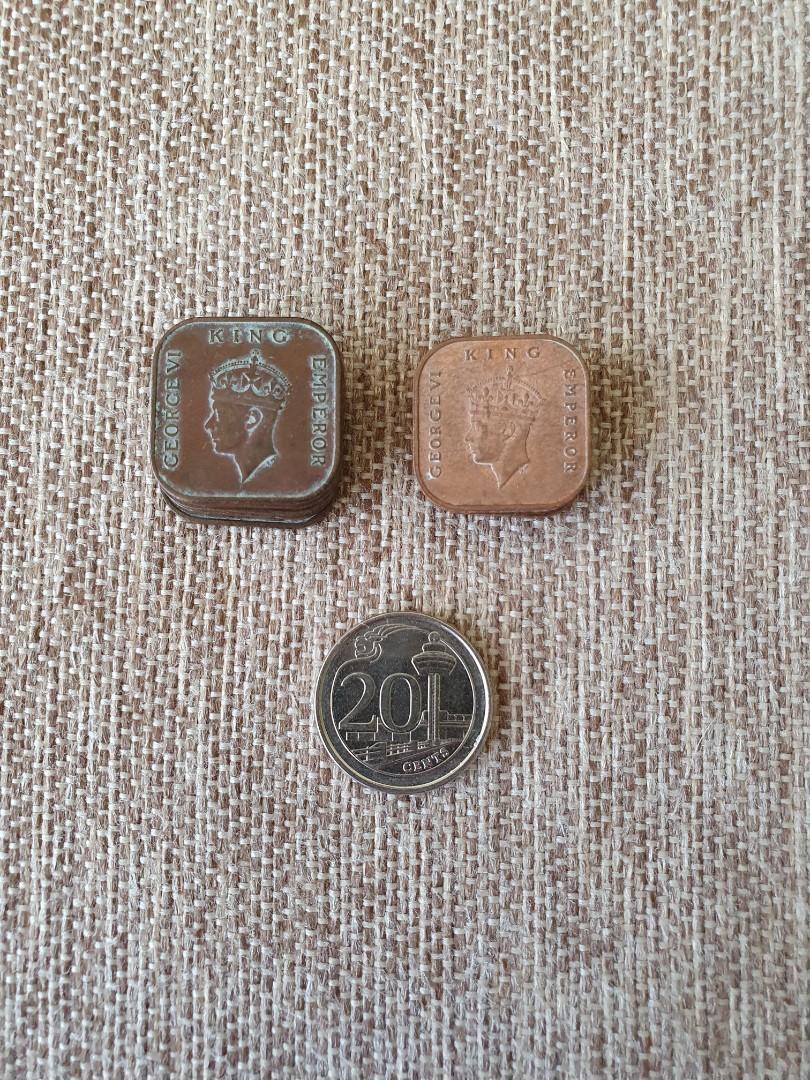 Malaya square 1 cent coin x 10 pieces. 1939, 1940, 1943 and 1945 ...