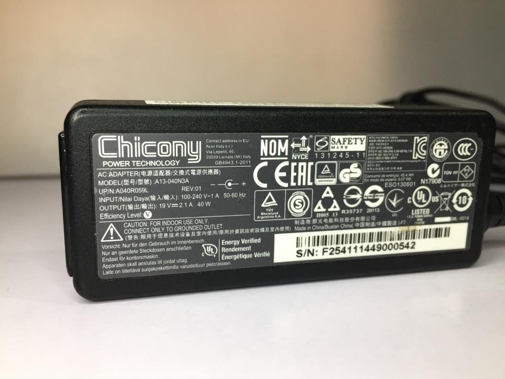 Chicony A13-040N3A AC Adapter- Laptop 19V 2.1A, 4.0/1.7mm, 3P, USED ...