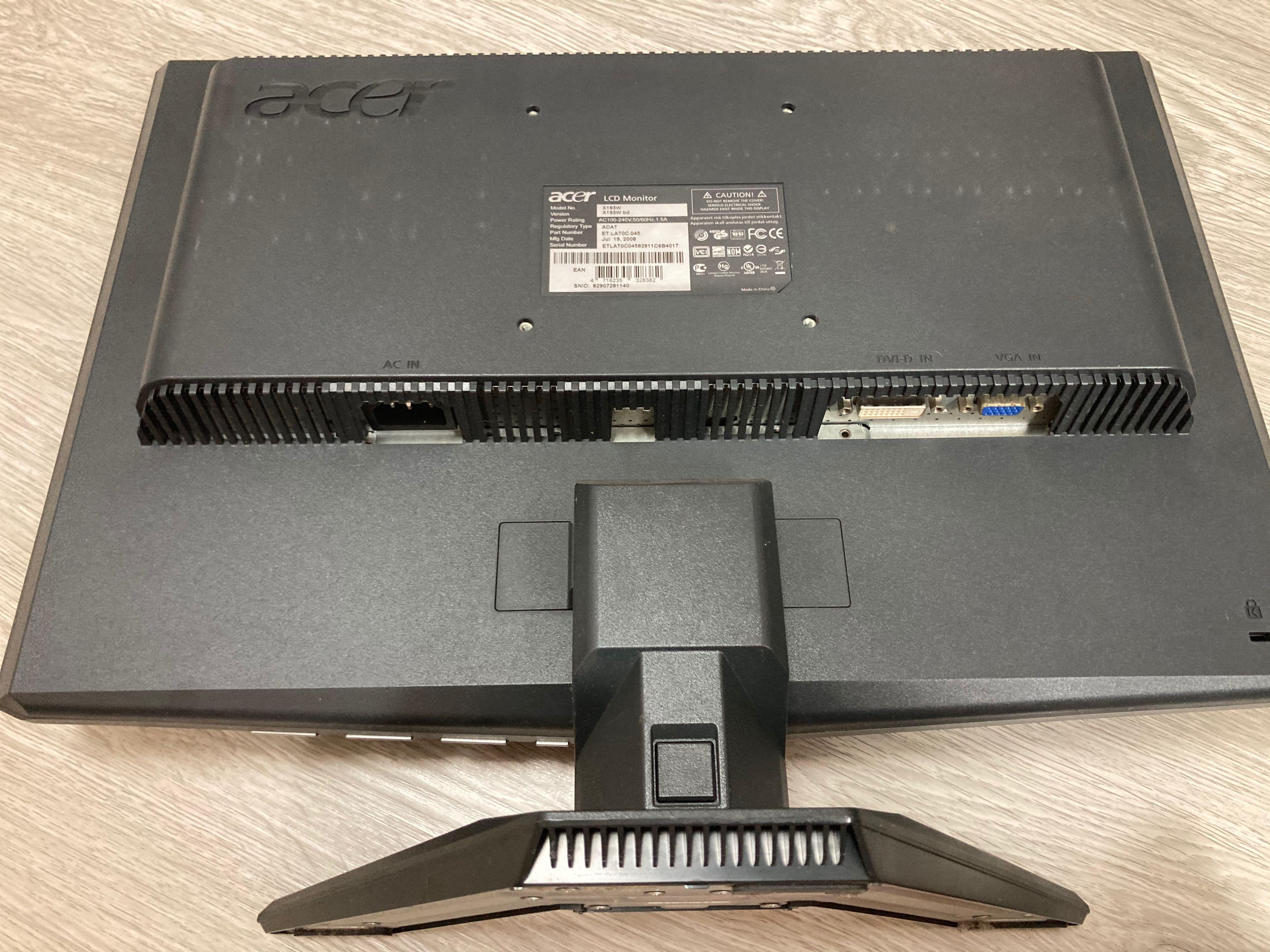 Acer 19吋 LCD monitor (X193W), 電腦＆科技, 電腦周邊及配件, 電子屏幕 - Carousell