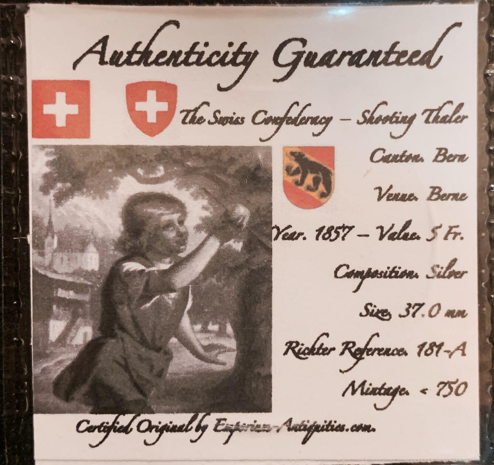 1857 Old Suisse Confederacy Bern Schutzenfest Shooting Thaler 5-Francs ...