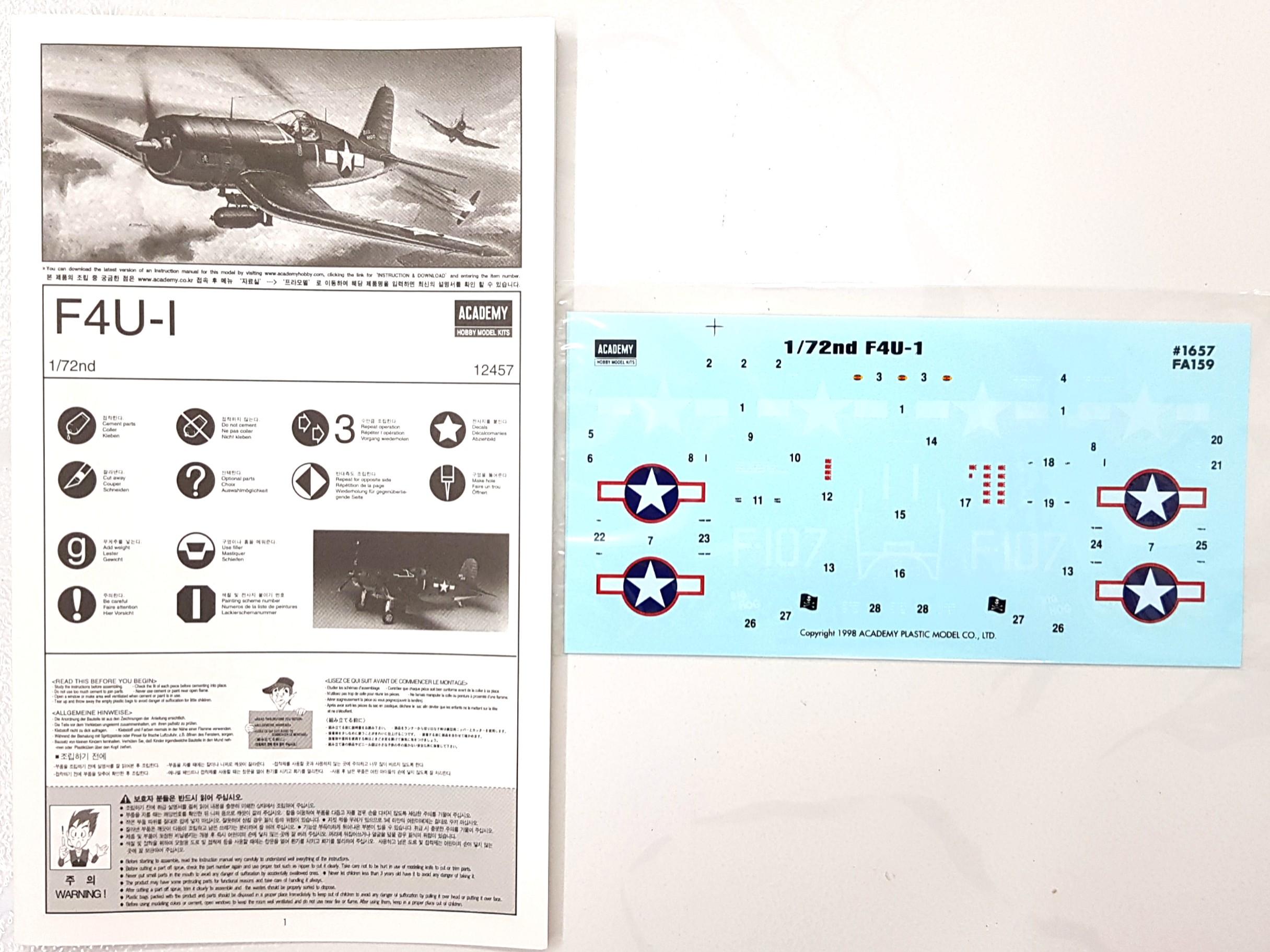 1/72 #12457 Academy US Navy Fighter F4U-1 Corsair (2nd World War Combat ...