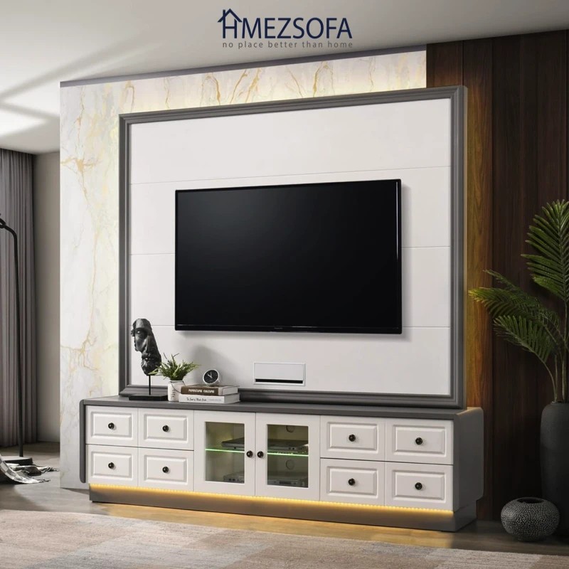 7FT FEATURE WALL + TV CONSOLE FULL SET (OPT ADD-ON CABINET), Furniture ...