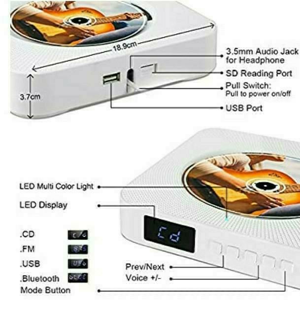 Jimwey Portable CD Player, Wall Mountable Bluetooth Built-in HiFi ...
