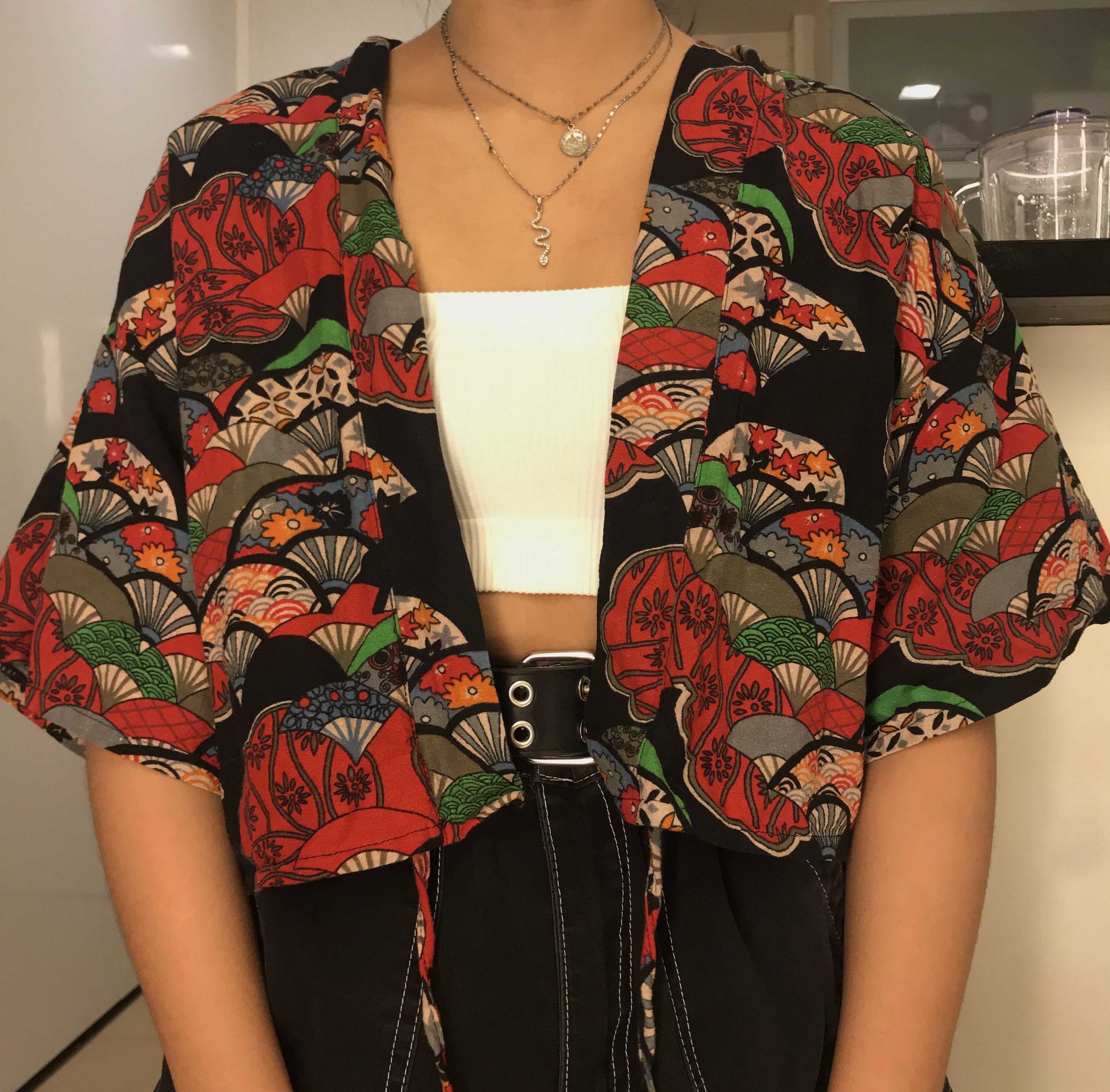 Vintage Japanese Print Kimono Tie Semi Crop Top, Women's Fashion, Tops ...