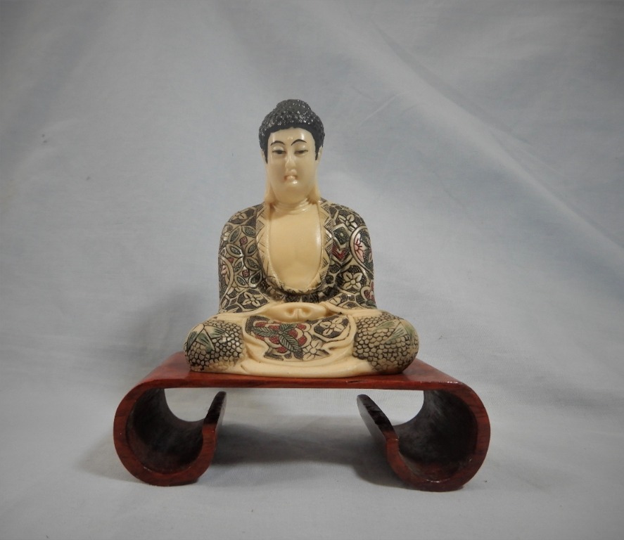 Antique Japanese netsuke hand carved resin Buddha statue wood stand ...