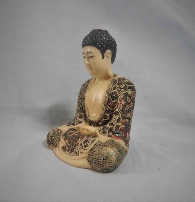 Antique Japanese netsuke hand carved resin Buddha statue wood stand ...