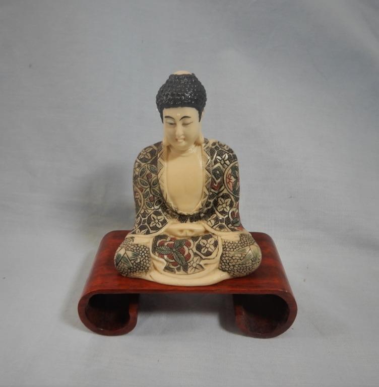 Antique Japanese netsuke hand carved resin Buddha statue wood stand ...