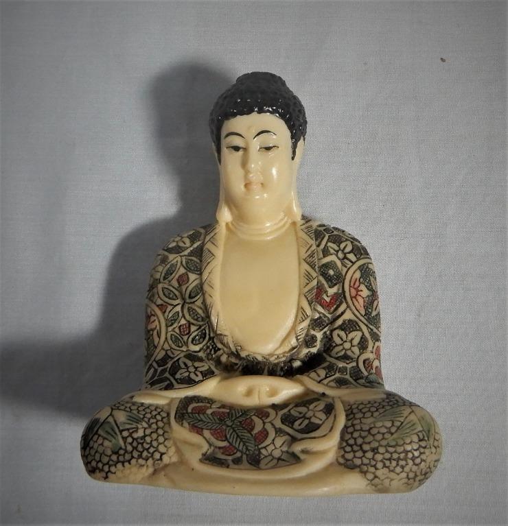Antique Japanese netsuke hand carved resin Buddha statue wood stand ...