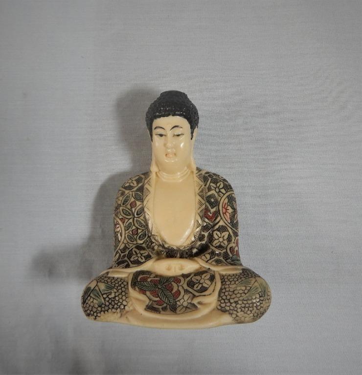 Antique Japanese netsuke hand carved resin Buddha statue wood stand ...