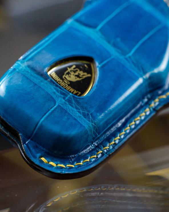 Custom made Lamborghini car key fob in azure blue crocodile leather ...