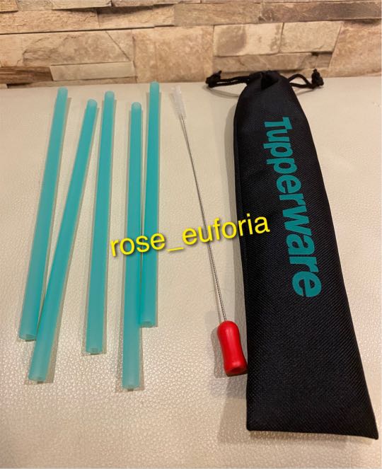 #ILuvPoslaju Ready stock Tupperware Mint Green Straw Set 5 pieces with ...