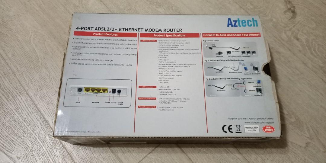Aztech 4-Port ADSL 2/2 + Ethernet Modem Router, Computers & Tech, Parts ...
