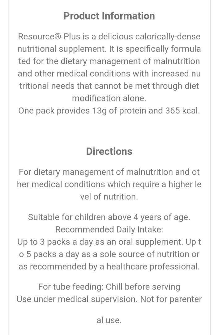 Nestle Resource Plus high nutrition milk 237ml, Health & Nutrition ...