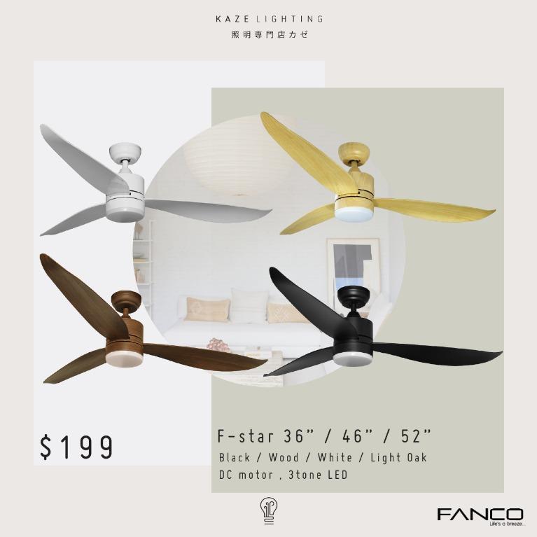 Fanco F-star DC Ceiling Fan 36/46/52" with 3 tone led light and remote ...