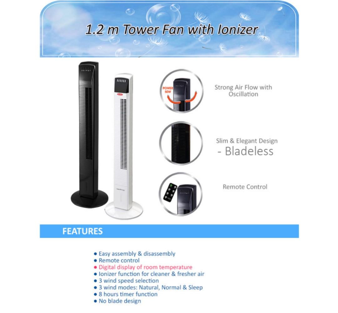 EuropAce 1.1M TOWER FAN WITH REMOTE and IONISER (Black), Furniture ...
