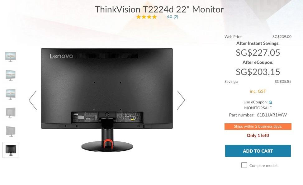 (USED) Lenovo ThinkVision T2224d 21.5-inch LED Backlit LCD Monitor, Computers & Tech, Parts ...