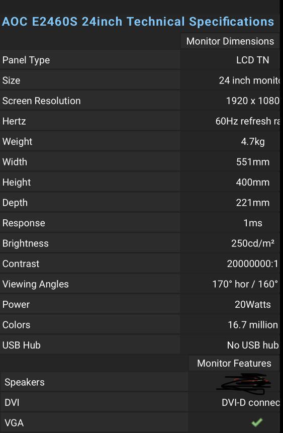 AOC E2460S 24” LED Monitor, Computers & Tech, Parts & Accessories ...