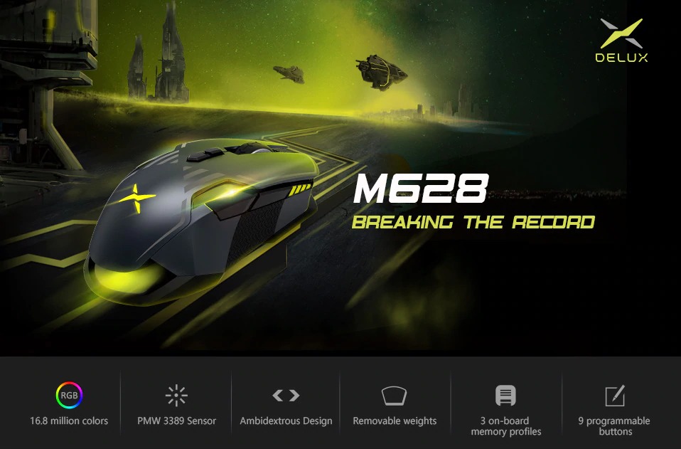 Delux M628 PMW3389 Sensor 16000 DPI Gaming Mouse 9 Buttons 50G ACC RGB ...