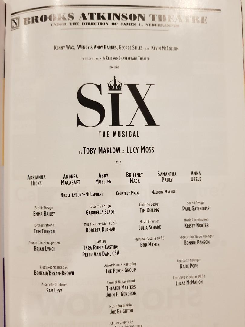 SIX the Musical Playbill Original Broadway Cast, HTF, Hobbies & Toys ...