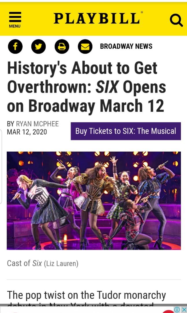 SIX the Musical Playbill Original Broadway Cast, HTF, Hobbies & Toys ...