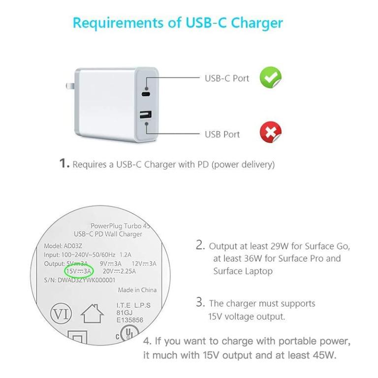 Surface Pro Connector to USB-C Charging Cable for Microsoft Surface ...