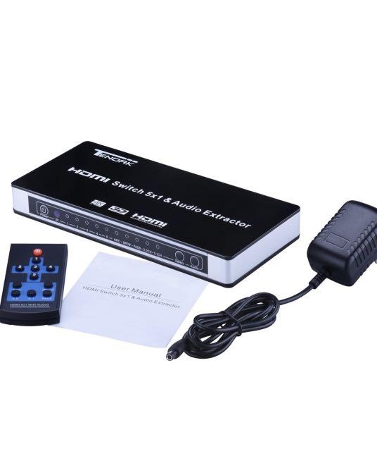 Tendak 4K HDMI Switch 5X1 with Audio Extractor + Optical TOSLINK and L/R with IR Remote Supports ...