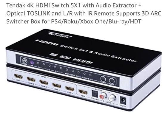 Tendak 4K HDMI Switch 5X1 with Audio Extractor + Optical TOSLINK and L/R with IR Remote Supports ...