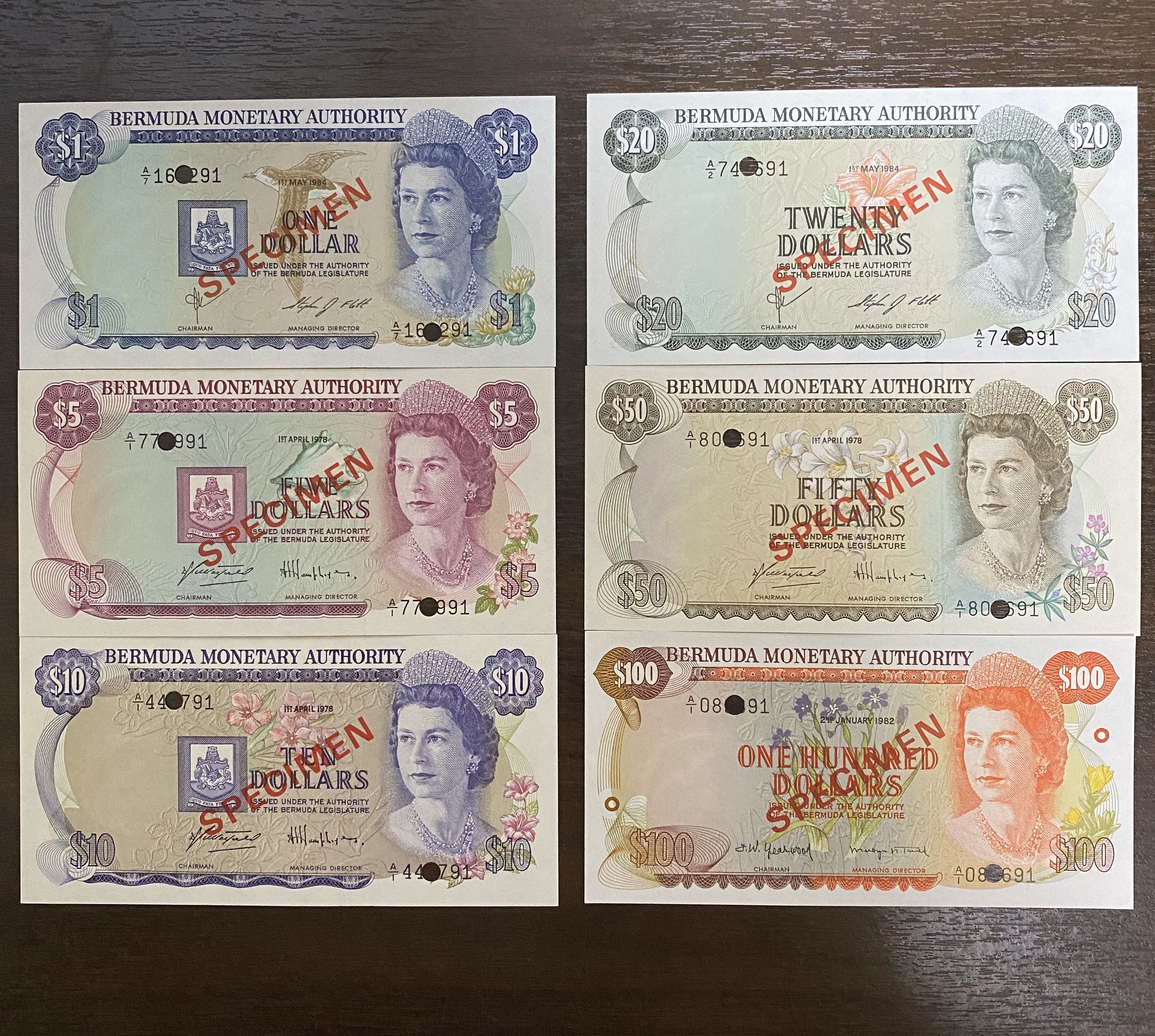 1978 -84 Bermuda Monetary Authority Specimen Complete Set, $1.00 - $100 ...