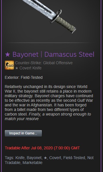 BAYONET DAMASCUS STEEL FT O.199 FLOAT dm for info, Video Gaming, Gaming ...