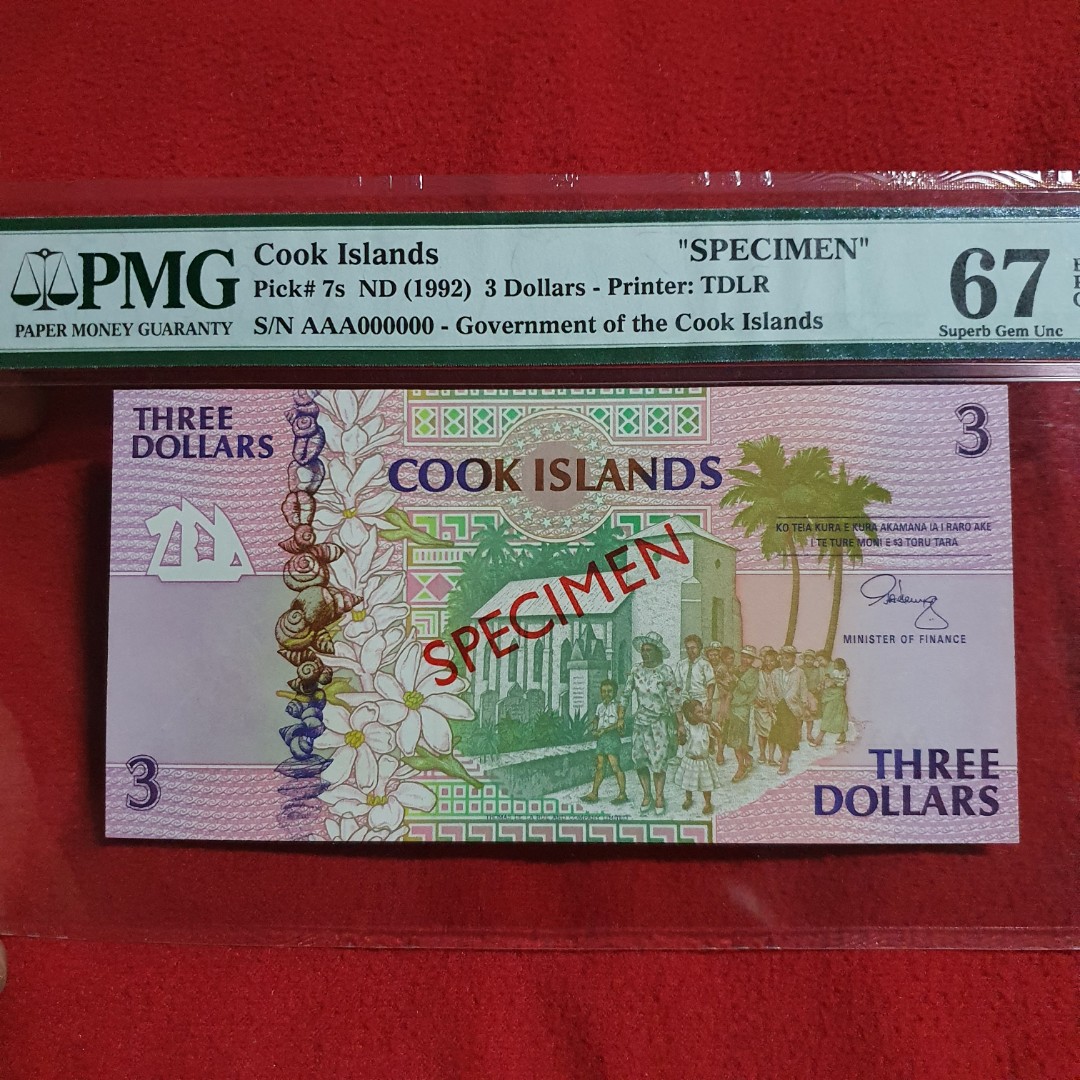 1992 ND Government of The Cook Islands $3 note *SPECIMEN* PMG Grade 67 ...