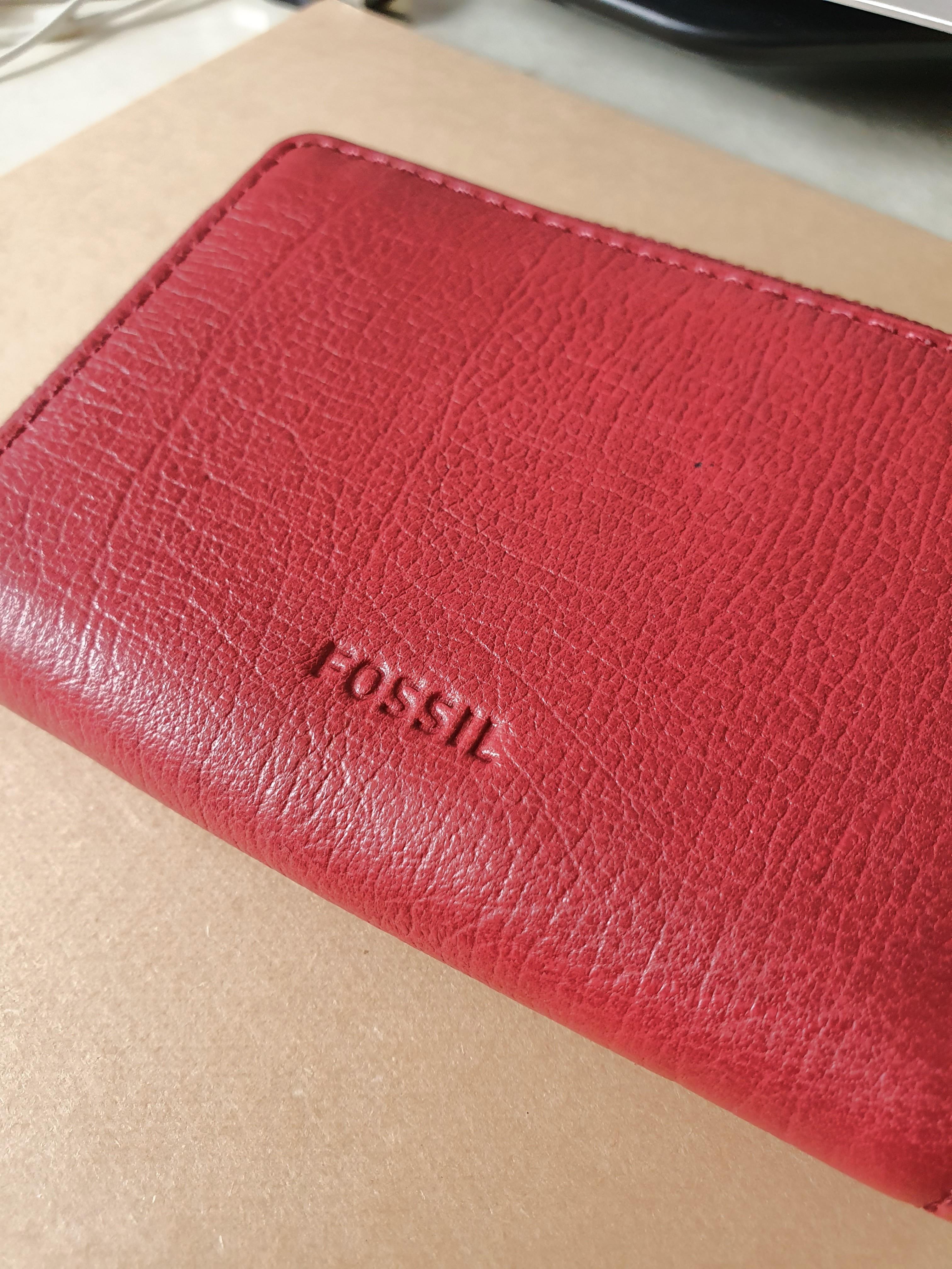Red Fossil Mini Wallet Rfid Mini Zip Card Case, Women's Fashion, Bags ...