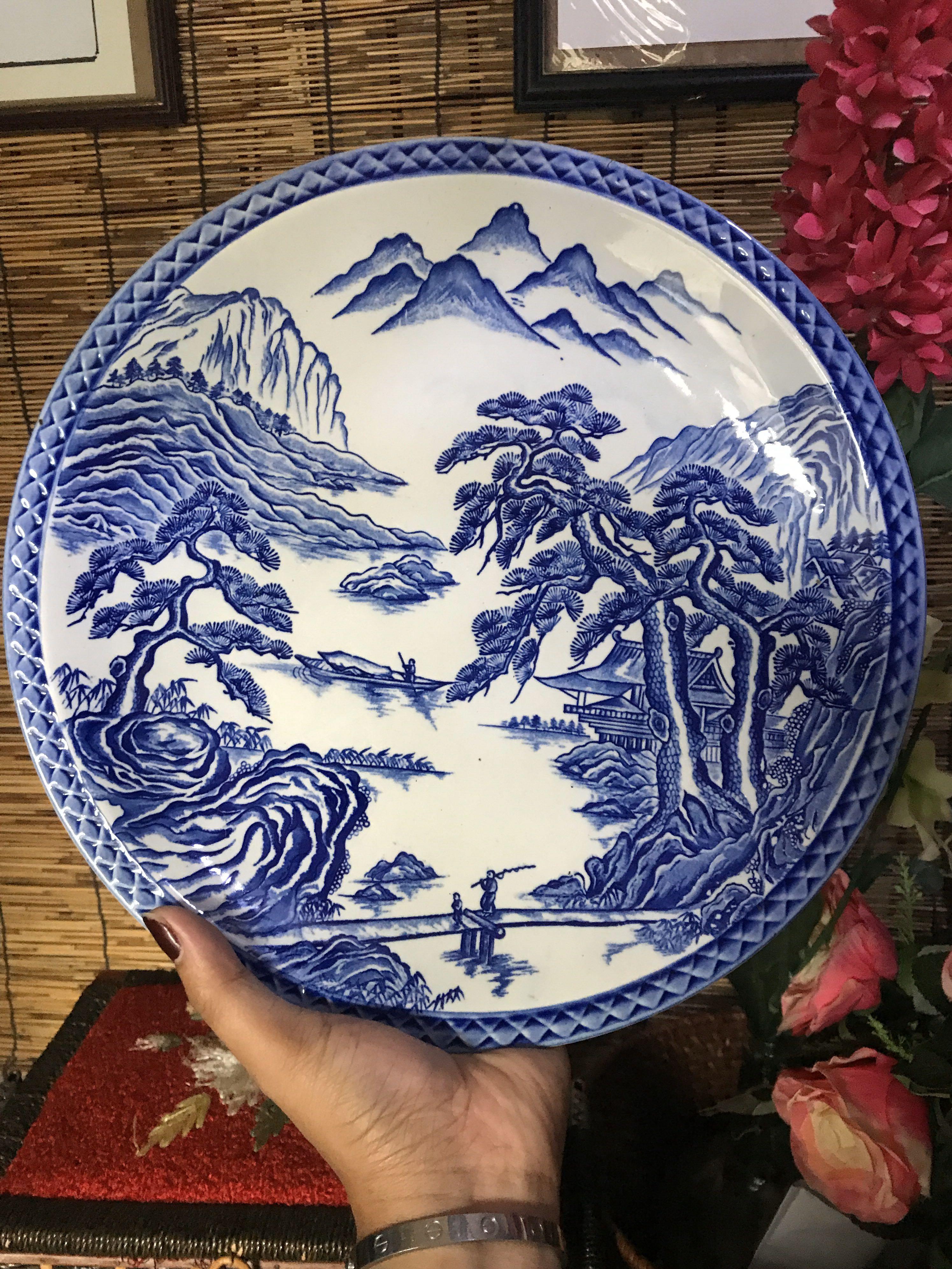 Japan XL Blue Ceramic plate with beautiful nature design, Hobbies ...
