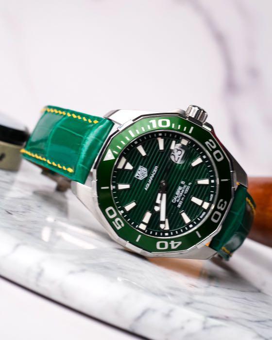 Handmade handstitched watch strap in emerald green crocodile leather ...