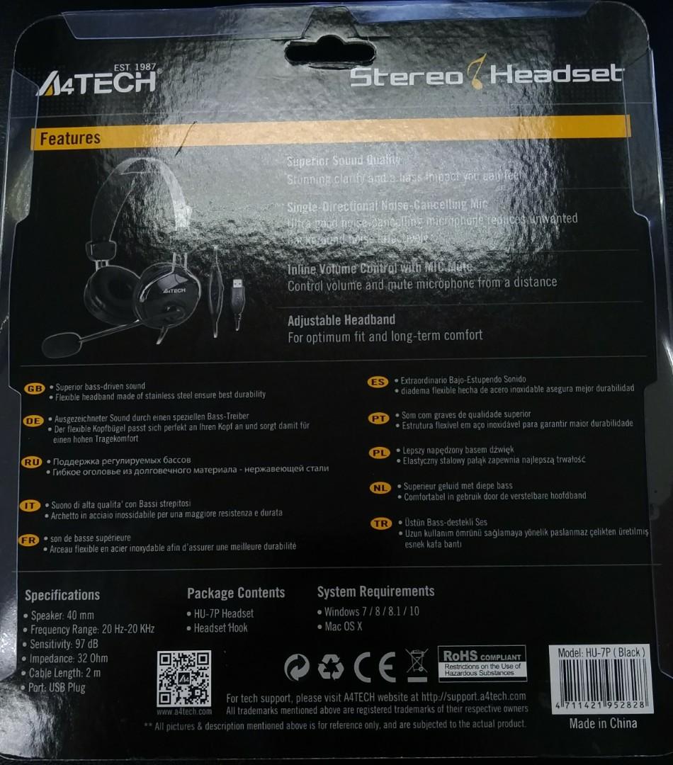 A4TECH HU-7P USB HEADSET WITH MIC, Audio, Headphones & Headsets on ...