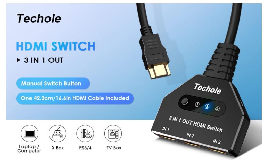 [BNIB] Techole (HS309-BK) HDMI Switch 4K, HDMI Switcher 3-in-1 Out HDMI Splitter, or 3 x 1, USB ...