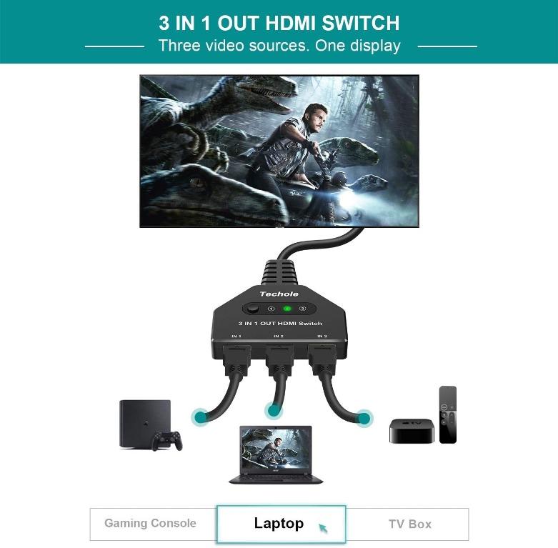 [BNIB] Techole (HS309-BK) HDMI Switch 4K, HDMI Switcher 3-in-1 Out HDMI Splitter, or 3 x 1, USB ...