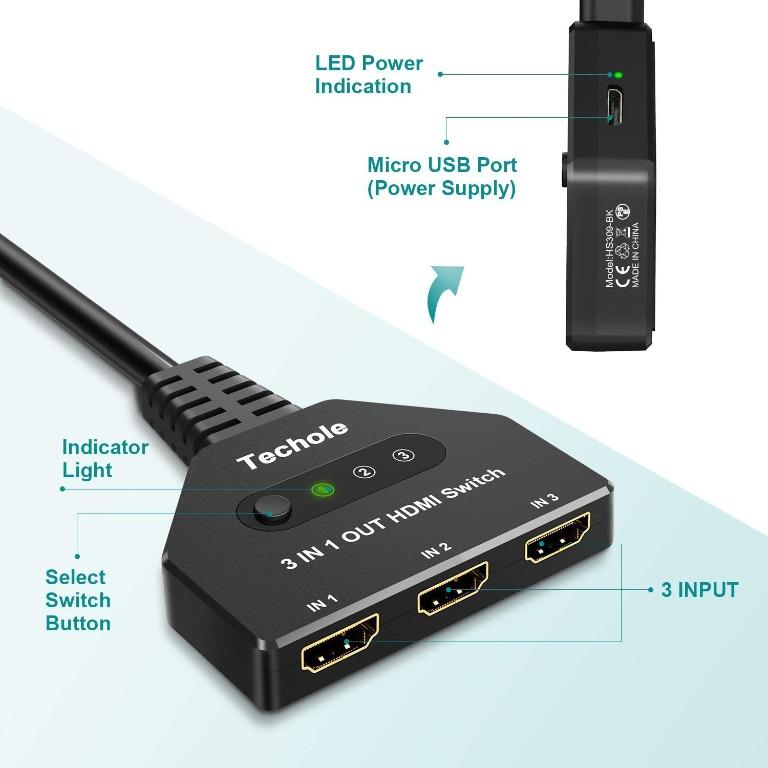 [BNIB] Techole (HS309-BK) HDMI Switch 4K, HDMI Switcher 3-in-1 Out HDMI Splitter, or 3 x 1, USB ...
