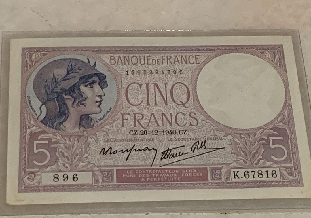 1940 Cinq Francs French Currency Note, Hobbies & Toys, Memorabilia ...