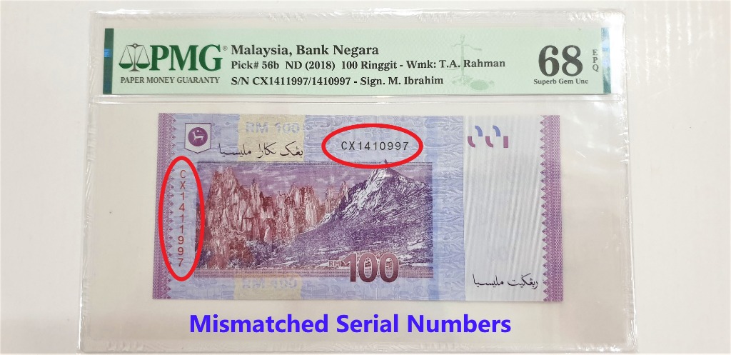Malaysia RM100 Ringgit - ERROR ! Mismatched Serial Numbers (PMG68 EPQ ...