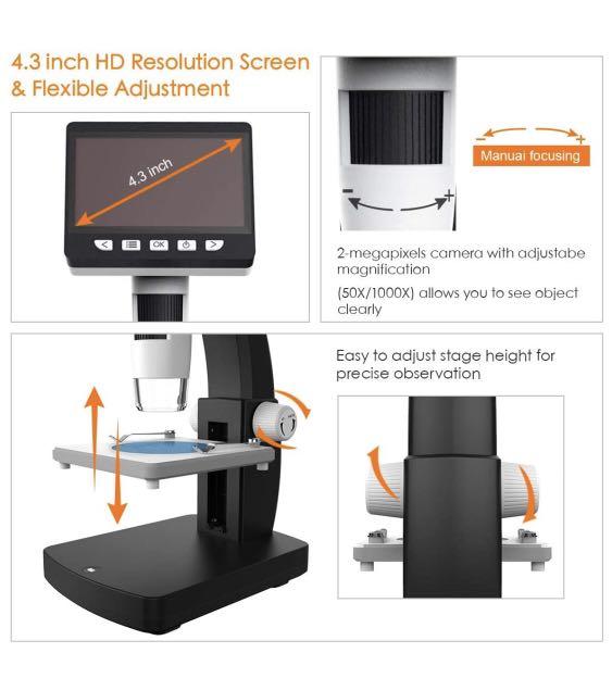 LCD Digital Microscope, ROTEK 4.3 inch 2600mAh Rechargeable Battery ...