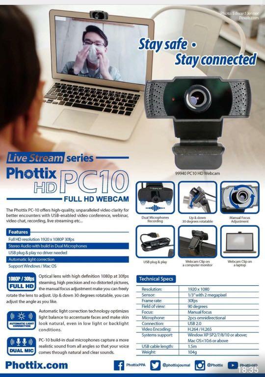 Phottix WebCam PC10 1080P w/mic 全高清攝像頭連咪 (支援windows 及Mac OS plug & play ...
