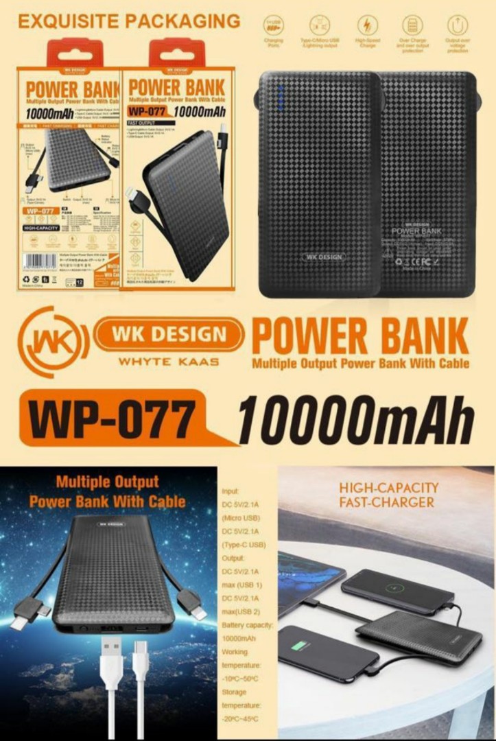 WK Design (Model: WP-077) 10000mAh Powerbank 3in1 cable, Mobile Phones ...