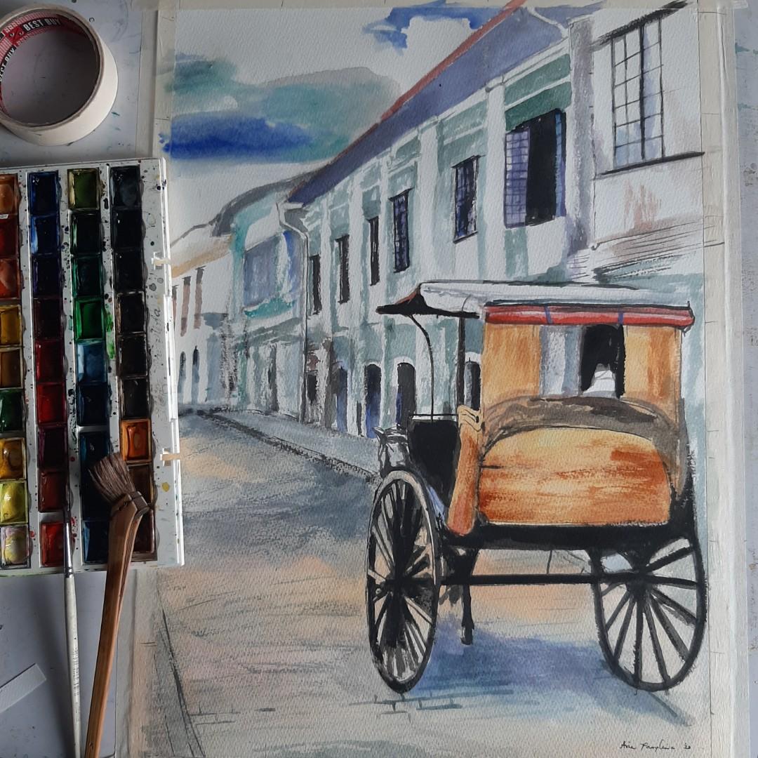 Calesa at Calle Crisologo- watercolor painting, Hobbies & Toys ...
