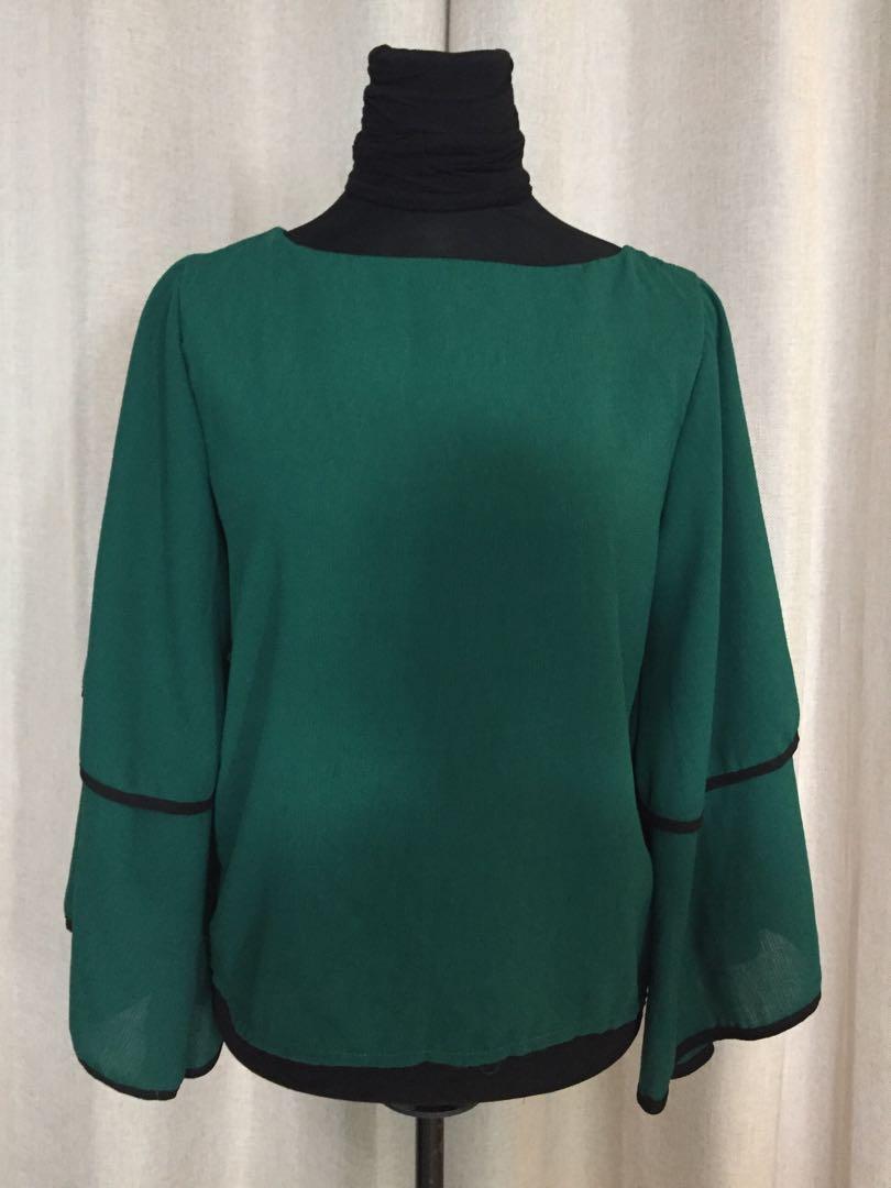 Emerald green blouse with ruffles & black piping (I102), Women's ...