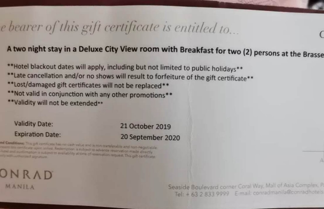 Manila Conrad hotel, Tickets & Vouchers, Vouchers on Carousell